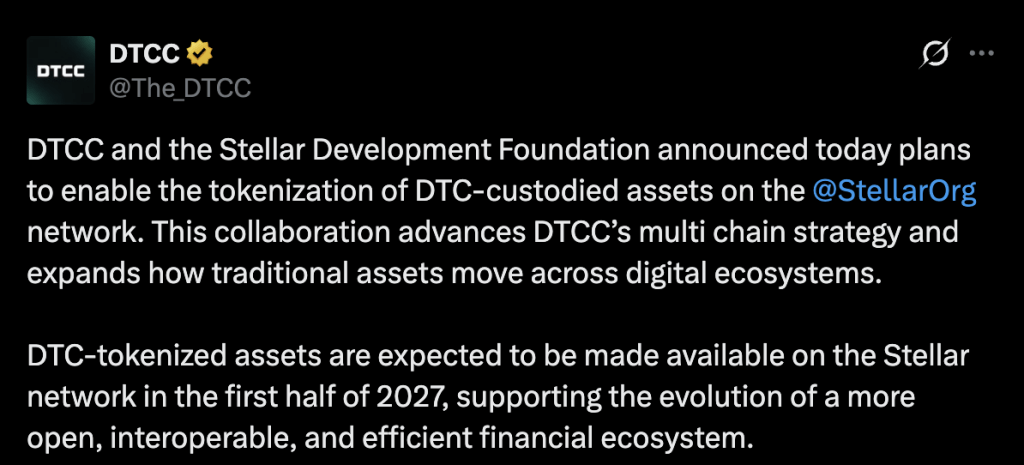 DTCC and Stellar Target 2027 Launch for Tokenized DTC Securities